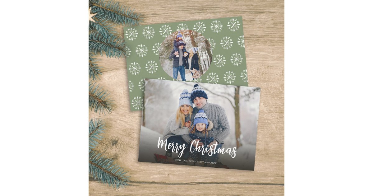 Christmas Minimal Green Cute Script 2 Photo Winter Holiday Card | Zazzle
