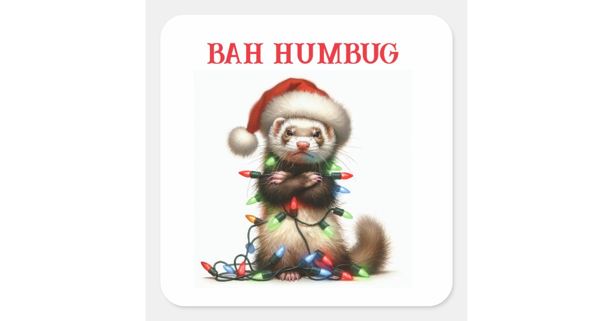 Christmas Mischief Ferret in Christmas Lights Square Sticker | Zazzle