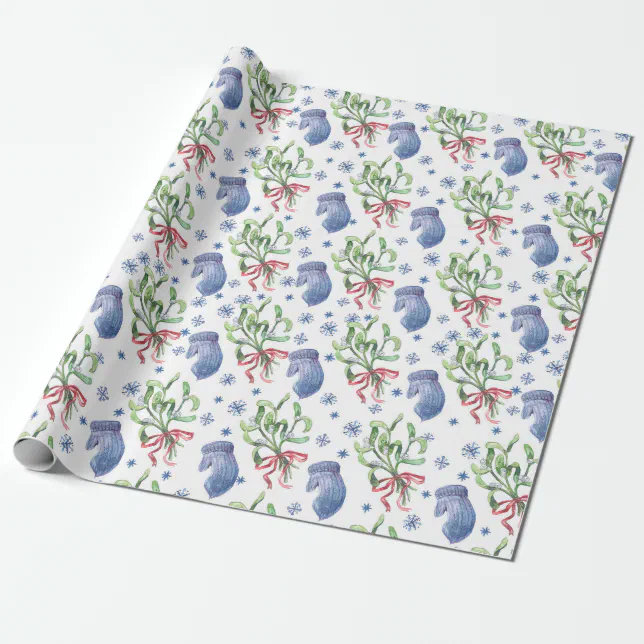 Christmas Mistletoe, Snowflakes, Mittens - White Wrapping Paper | Zazzle