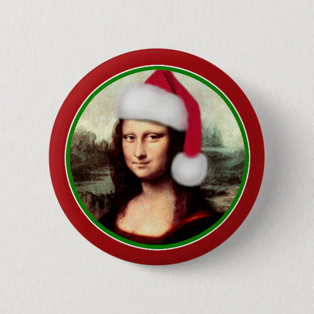 Christmas Mona Lisa With Santa Hat Pinback Button | Zazzle