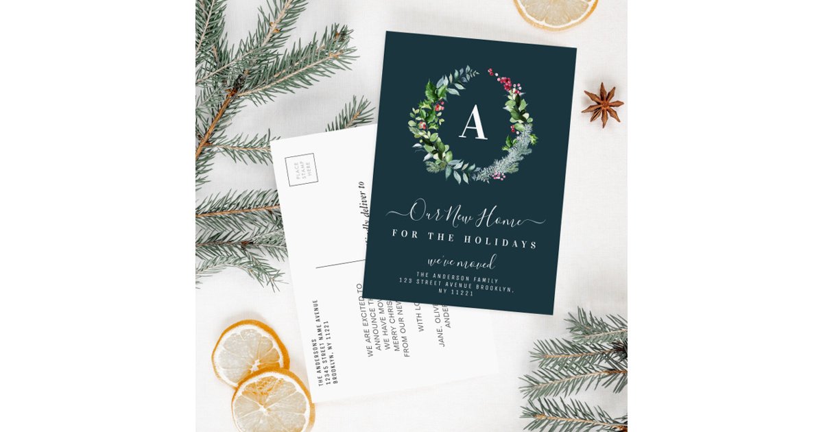 christmas monogram moving announcement postcard | Zazzle