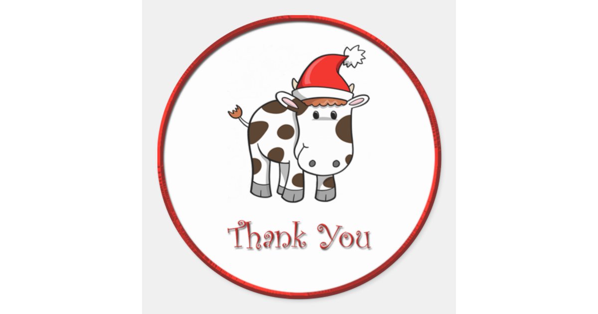 Christmas Moo Cow Thank You Sticker | Zazzle