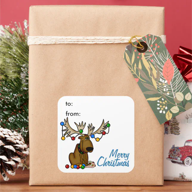Christmas Moose Gift Tag Sticker | Zazzle
