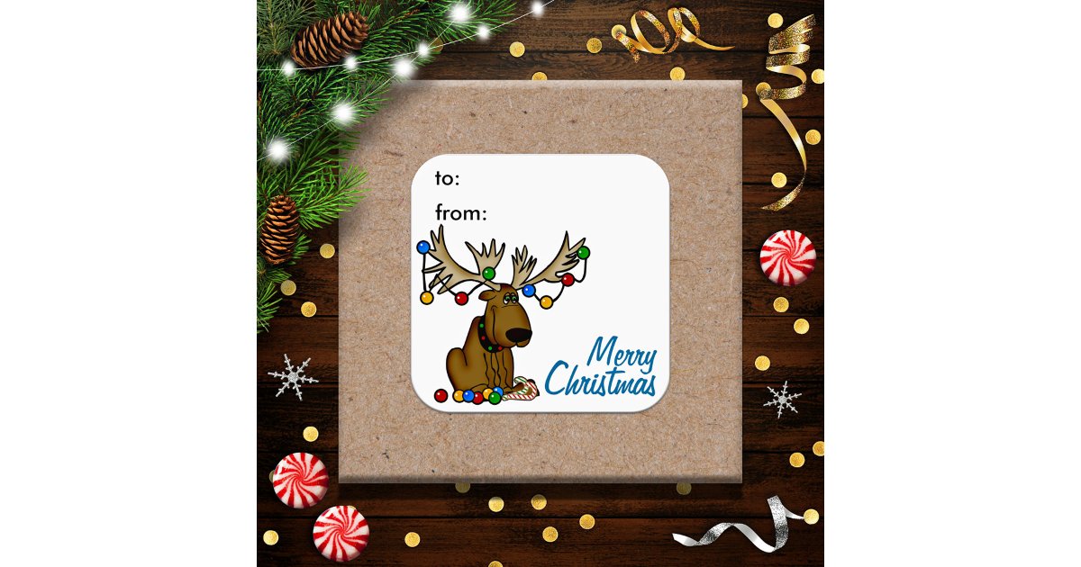 Christmas Moose Gift Tag Sticker | Zazzle