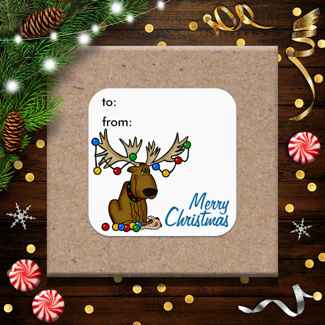 Christmas Moose Gift Tag Sticker | Zazzle