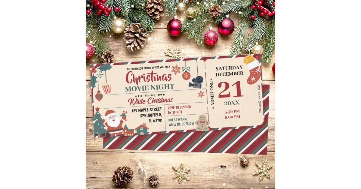 Christmas Movie Night Ticket Invitation | Zazzle