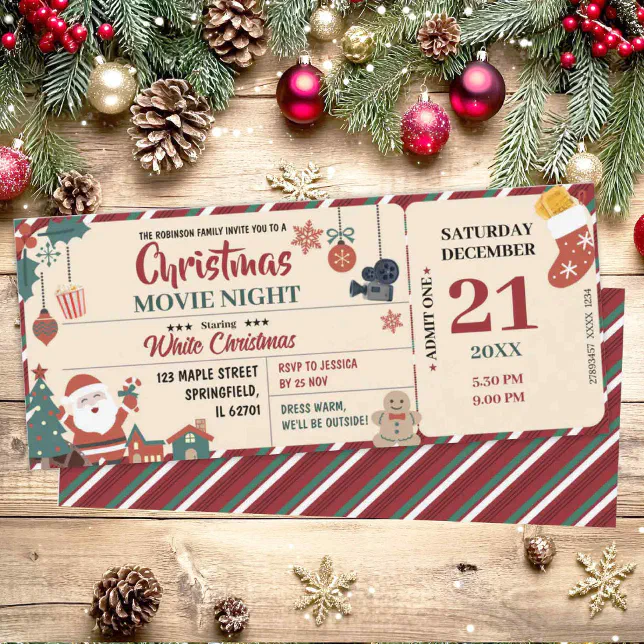 Christmas Movie Night Ticket Invitation | Zazzle