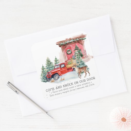 Christmas Moving Announcement | Vintage Red Truck Square Sticker | Zazzle