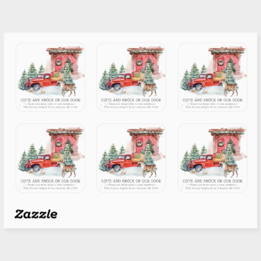 Christmas Moving Announcement | Vintage Red Truck Square Sticker | Zazzle