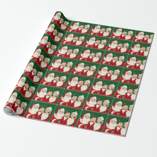 Christmas Mr. & Mrs. Santa Claus Vintage Red Green Wrapping Paper | Zazzle
