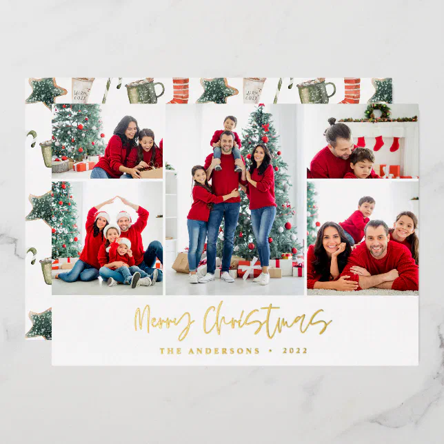 Christmas multi photo script modern red and green foil holiday card ...