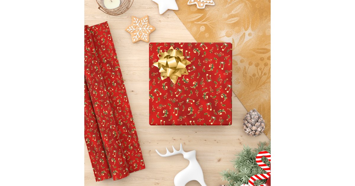 Christmas Music Notes Red Metallic Holiday Wrapping Paper | Zazzle