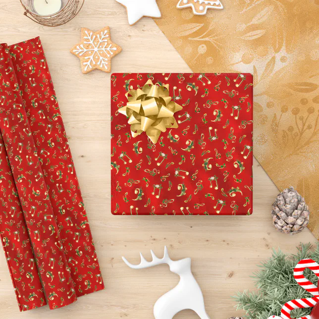Christmas Music Notes Red Metallic Holiday Wrapping Paper | Zazzle