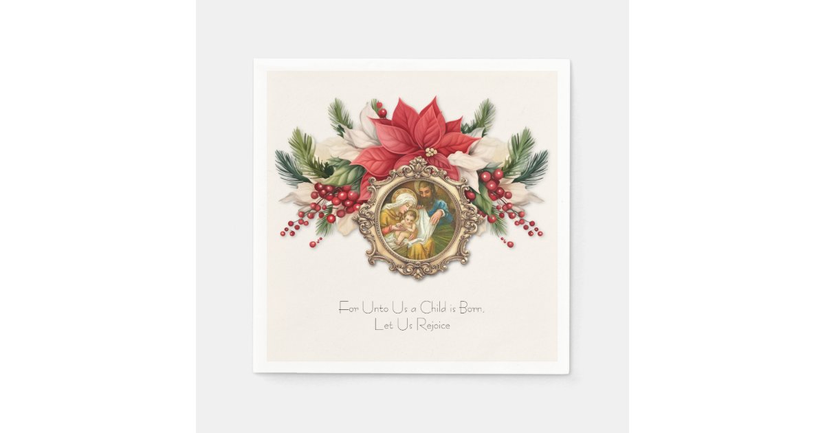 Christmas Napkins: Nativity of Jesus Poinsettias Napkins | Zazzle