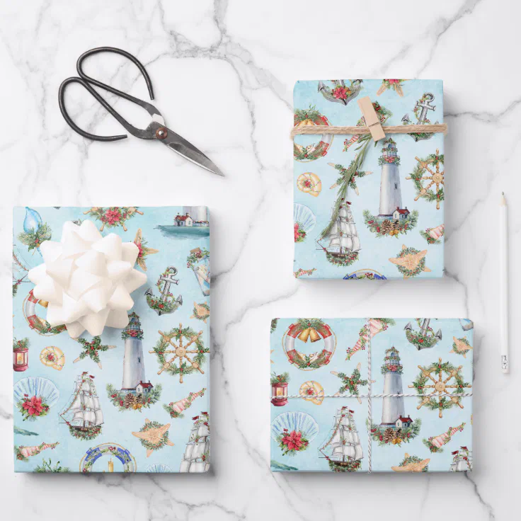 Christmas Nautical Sailing Ships Lighthouses Ocean Wrapping Paper ...