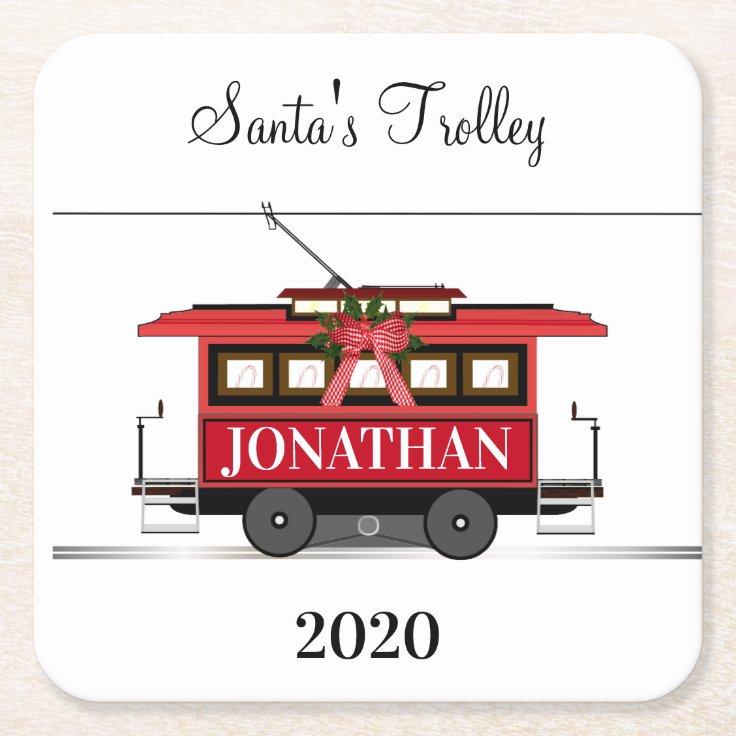Christmas New Year's Red Tram Trolley Streetcar Square Paper Coaster ...
