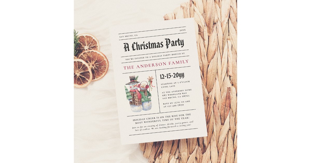 Christmas Newspaper | Fun Snowman Holiday Party Invitation | Zazzle