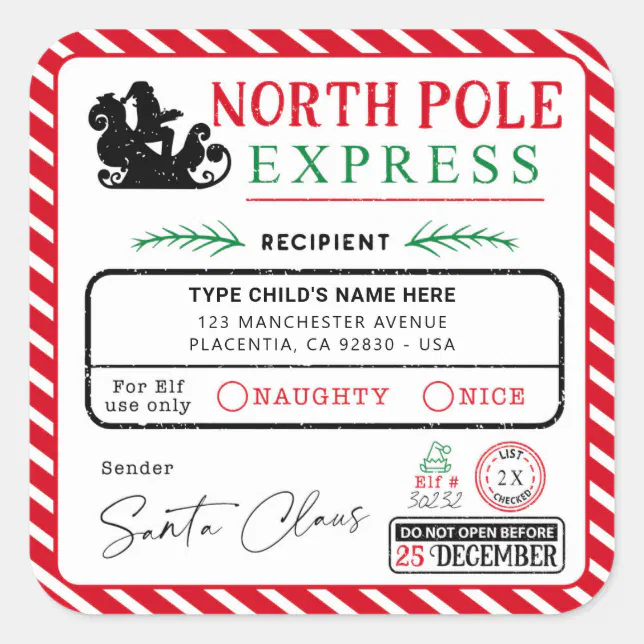 Christmas North Pole Express Address Shipping Square Sticker | Zazzle