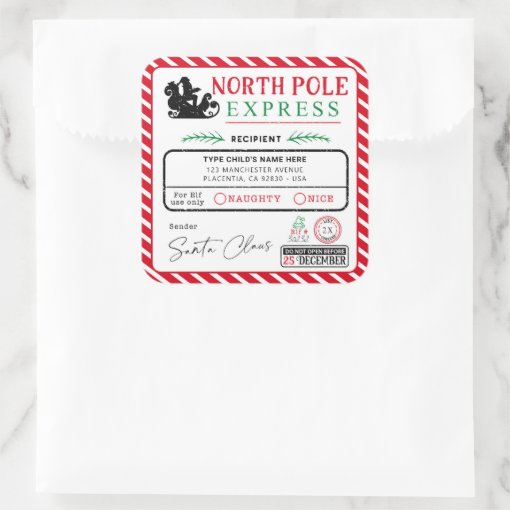Christmas North Pole Express Address Shipping Square Sticker | Zazzle