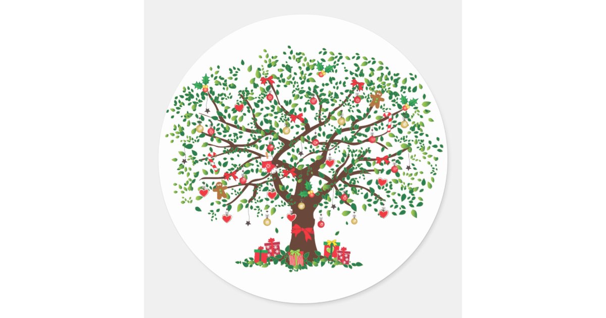 Christmas Oak Tree with Presents Classic Round Sticker | Zazzle