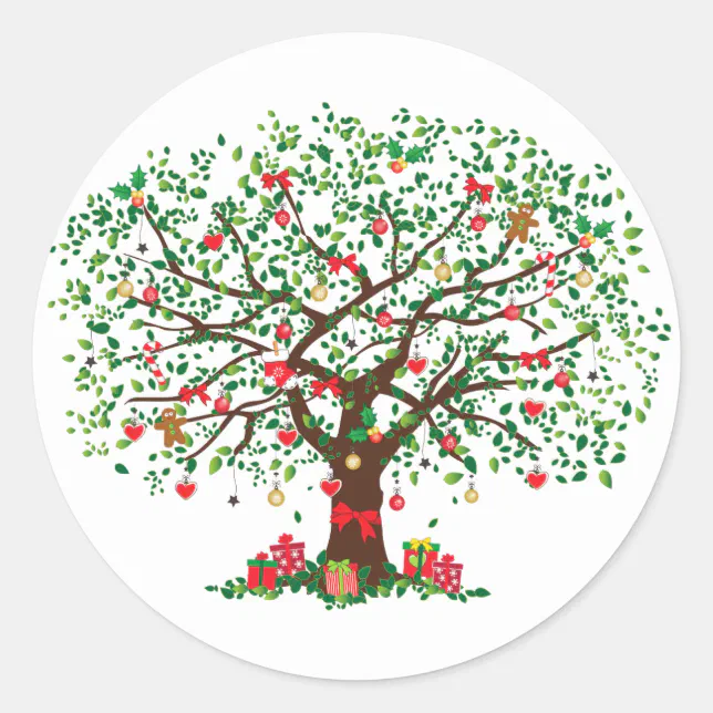 Christmas Oak Tree with Presents Classic Round Sticker | Zazzle