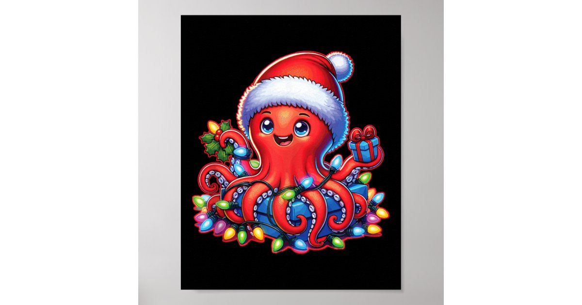 Christmas Octopus With Santa Hat And Holiday Light Poster | Zazzle