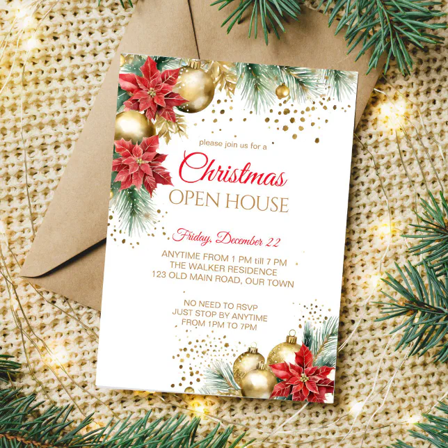Christmas open house party red poinsettia gold invitation | Zazzle