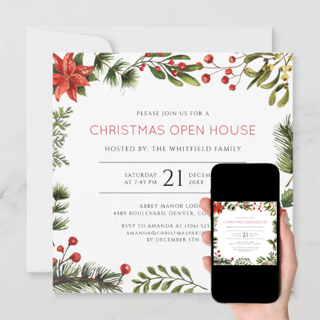 Christmas Open House Watercolor Berries Holiday Invitation | Zazzle