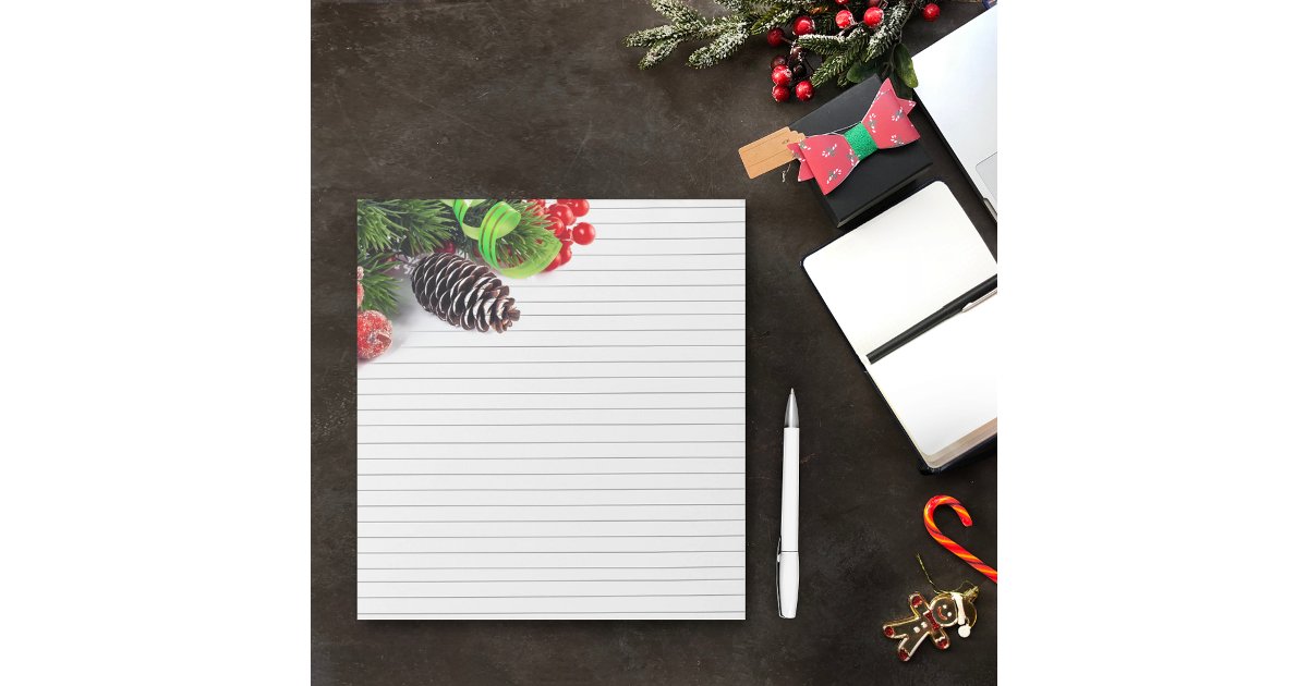 Christmas ornaments and lined background notepad | Zazzle