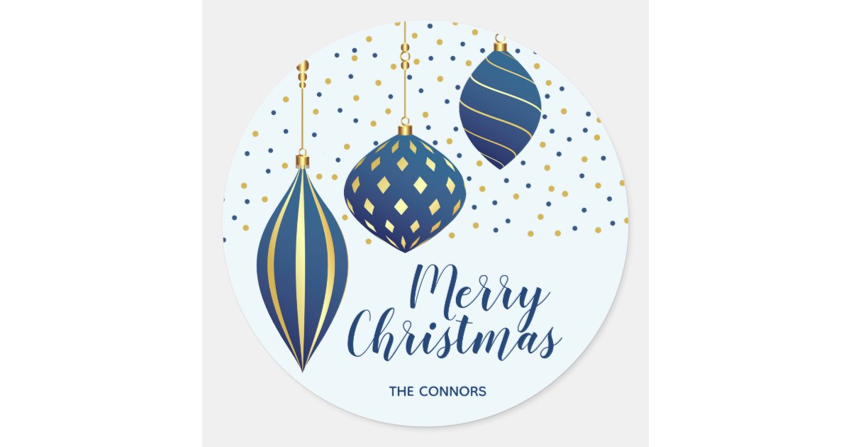 Christmas Ornaments Blue Gold Holiday Classic Round Sticker | Zazzle