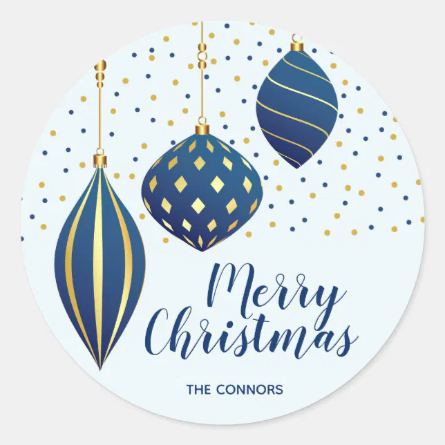 Christmas Ornaments Blue Gold Holiday Classic Round Sticker | Zazzle