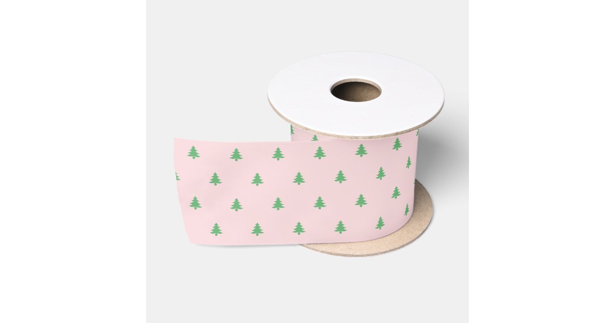 Christmas Pale Pink and Green Christmas Trees Satin Ribbon | Zazzle