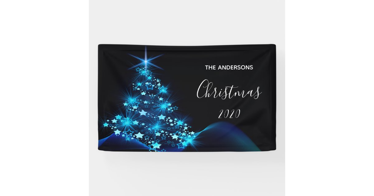 Christmas party black blue modern shining tree banner | Zazzle
