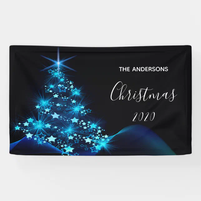 Christmas party black blue modern shining tree banner | Zazzle