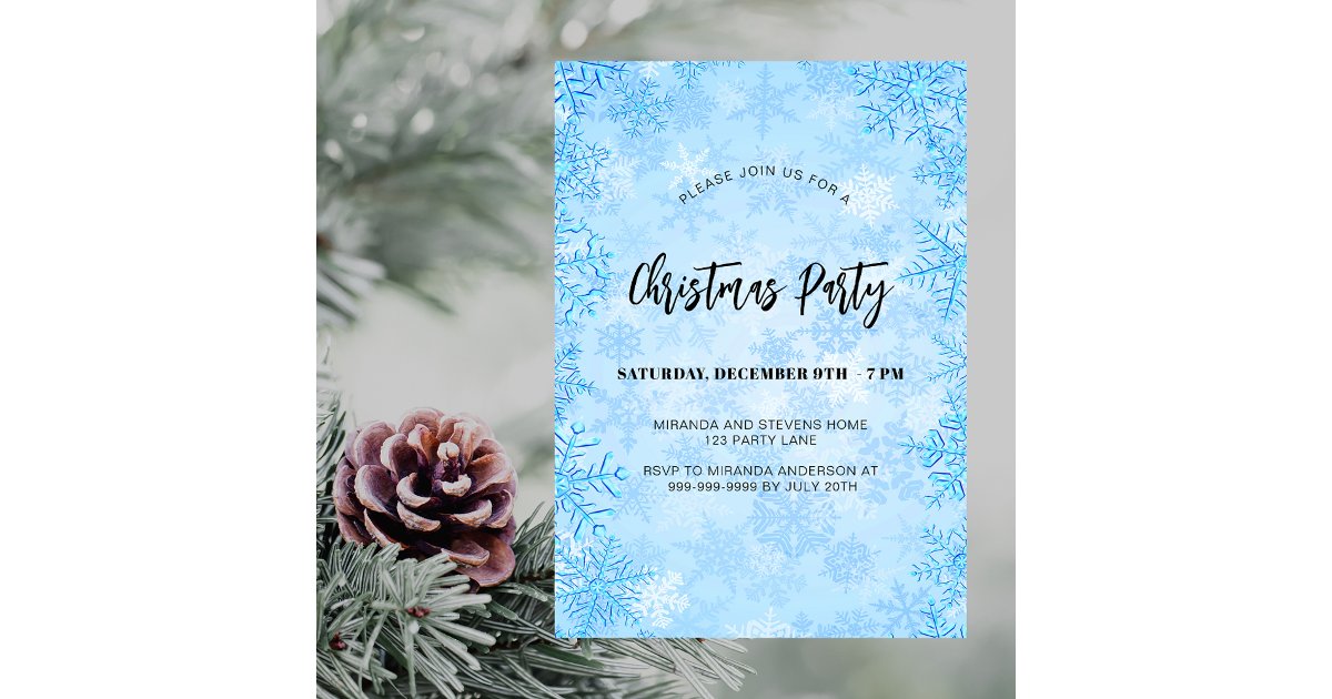 Christmas party blue snowflakes invitation | Zazzle