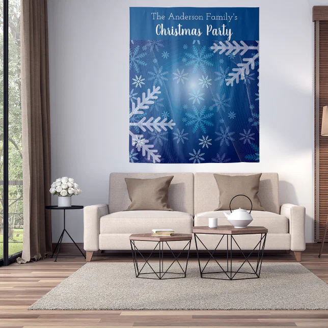 Christmas party blue snowflakes photo backdrop | Zazzle