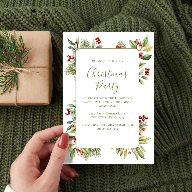 Christmas Party Botanical Holly Greenery Holiday Card | Zazzle