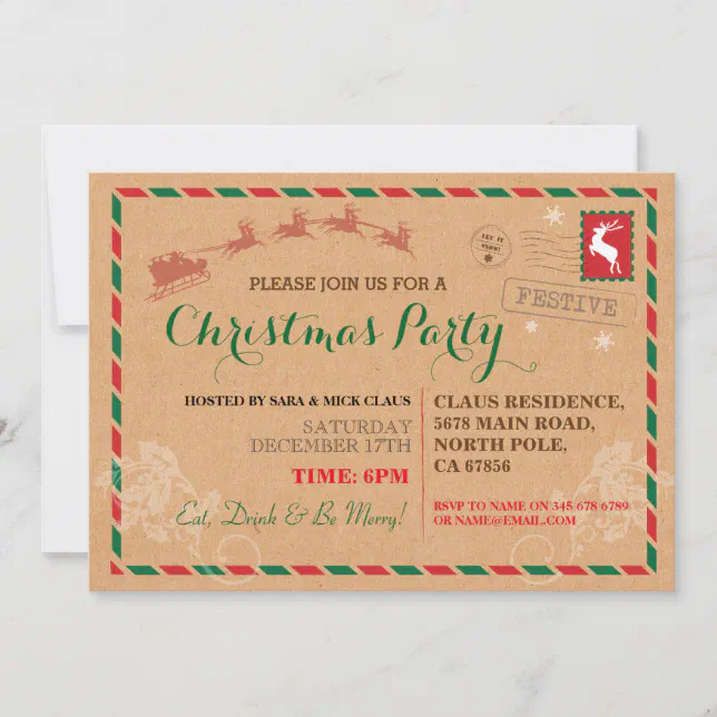 Christmas Party Dinner Postal Post Card Invite | Zazzle