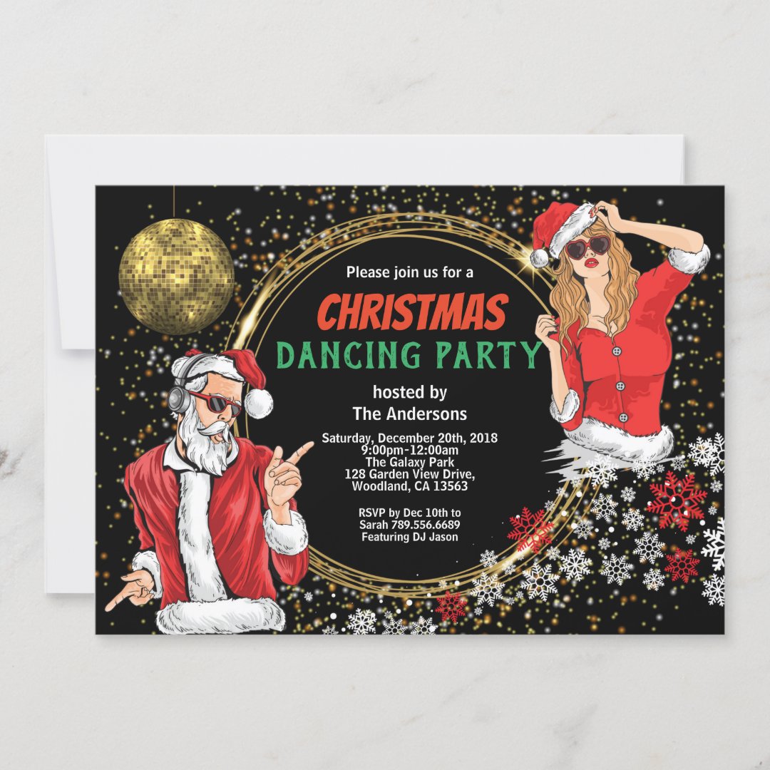 Christmas party DJ disco dance dirty santa gold Invitation | Zazzle