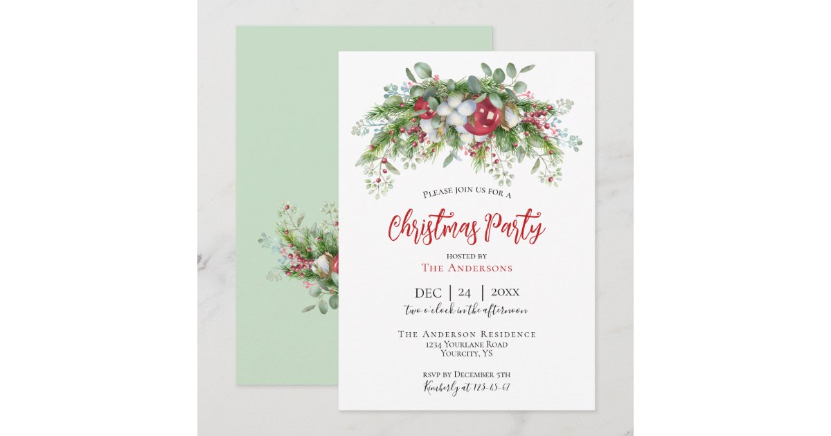 Christmas party invitation garland red green | Zazzle