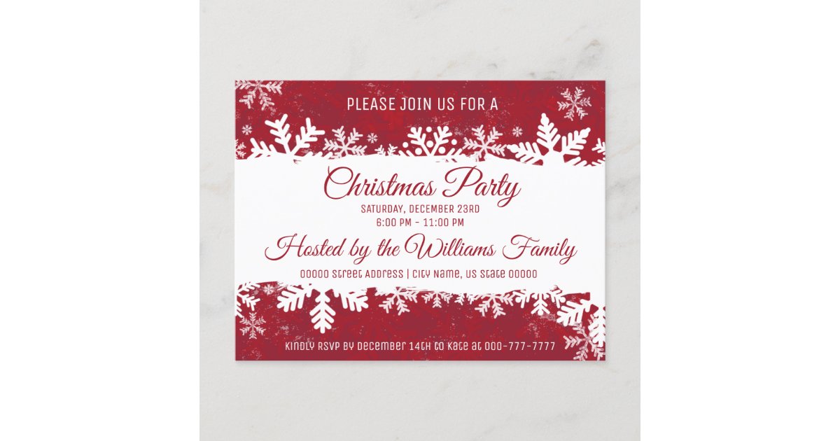 Christmas Party Invitation Red Rustic Snowflake | Zazzle