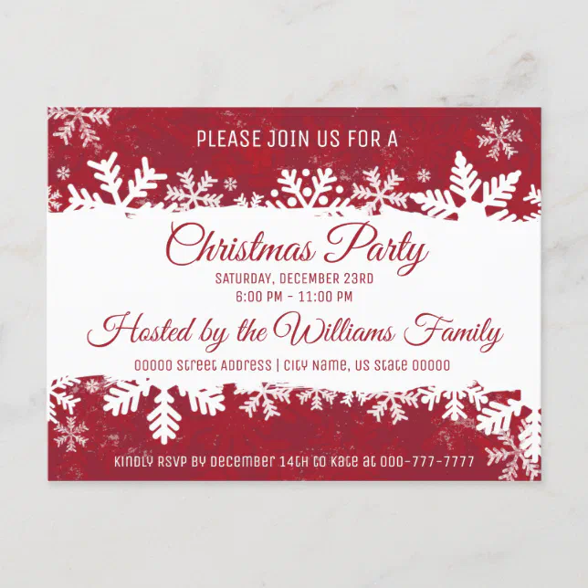 Christmas Party Invitation Red Rustic Snowflake | Zazzle