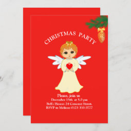 Christmas Party Little Angel on Red Invitation | Zazzle