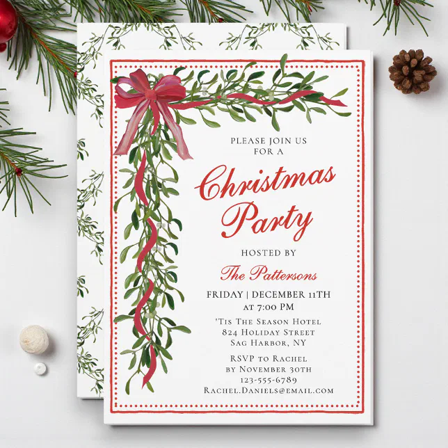 Christmas Party Mistletoe Bow Modern Holiday Party Invitation | Zazzle