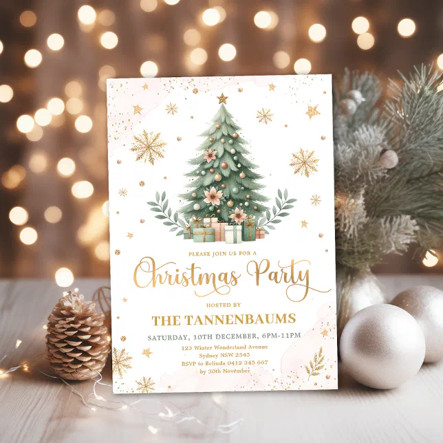 Christmas Party | Pink Gold Winter Holiday Invitation | Zazzle