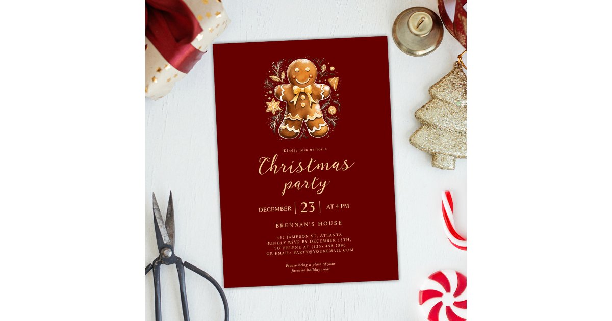Christmas Party Red Gold Gingerbread Holiday Invitation | Zazzle