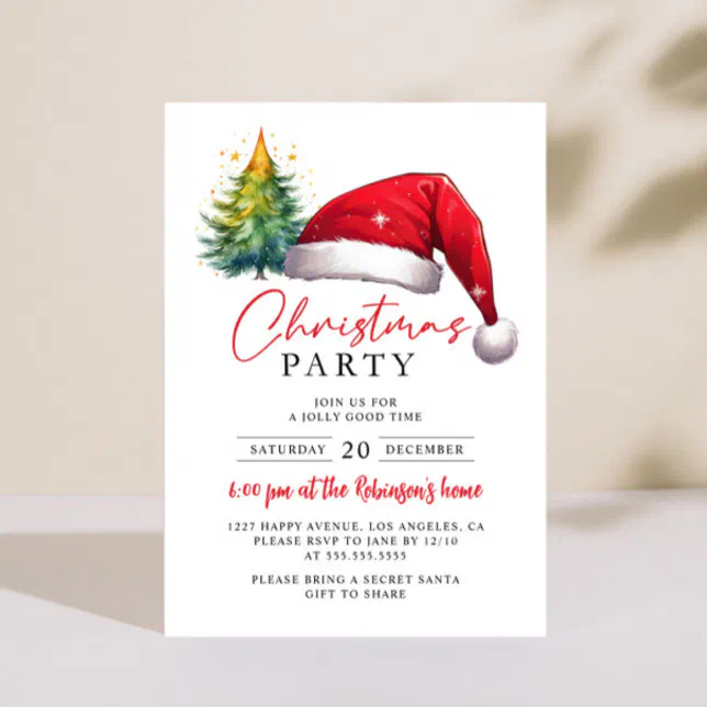 Christmas Party Red Santa Hat Tree Stars Invitation | Zazzle