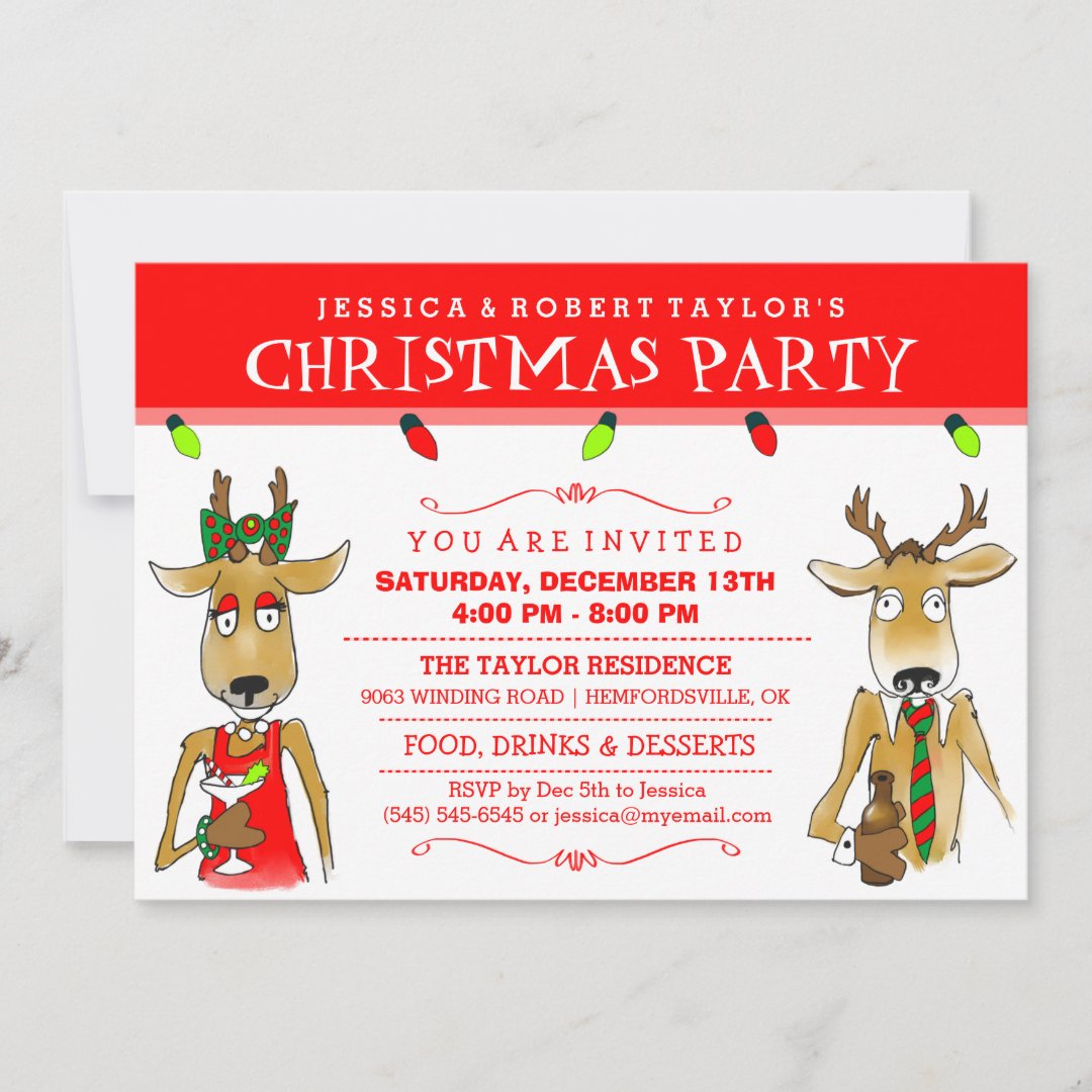 Christmas Party Reindeer with Drinks Invite | Zazzle