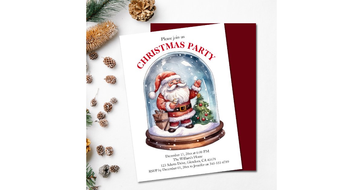 Christmas Party Santa Winter Snow Globe Invitation | Zazzle