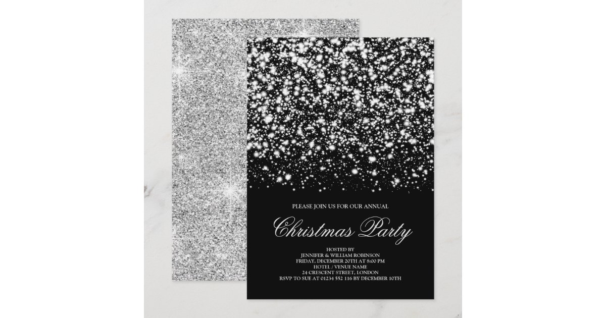 Christmas Party Silver Glitter Glam Elegant Invitation | Zazzle